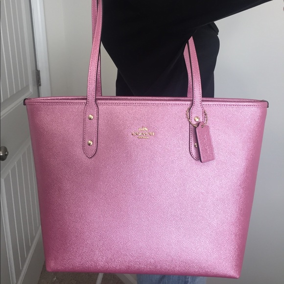 Coach | Bags | Coach Metallic Pink Leather Tote New | Poshmark